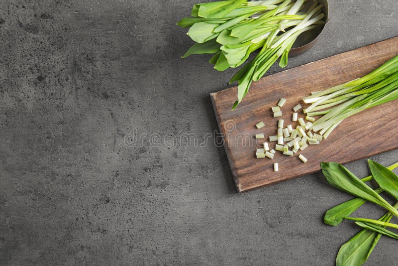 Flat Lay Composition with Wild Garlic or Ramson on Grey Table Stock ...