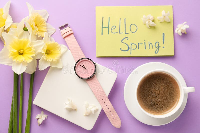 Flat Lay Composition with Words HELLO SPRING, Coffee, Wristwatch and ...