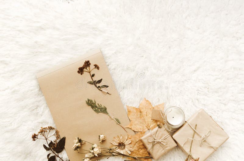 Flat Lay Composition with Wrapped Gift Box Stock Photo - Image of ...