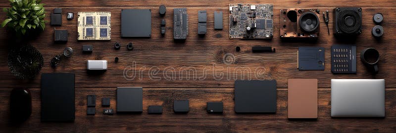 Flat Lay of Computer Components and Accessories Arranged on a Wooden Surface Stock Photo - Image ...