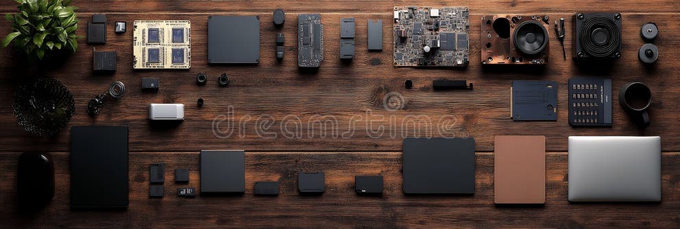 Flat Lay of Computer Components and Accessories Arranged on a Wooden ...