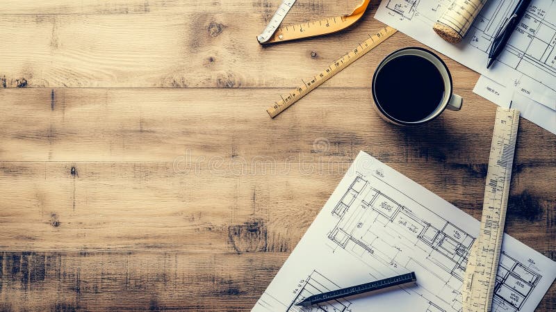 A Flat Lay of Construction Plans, Measuring Tools, and a Coffee Cup on ...