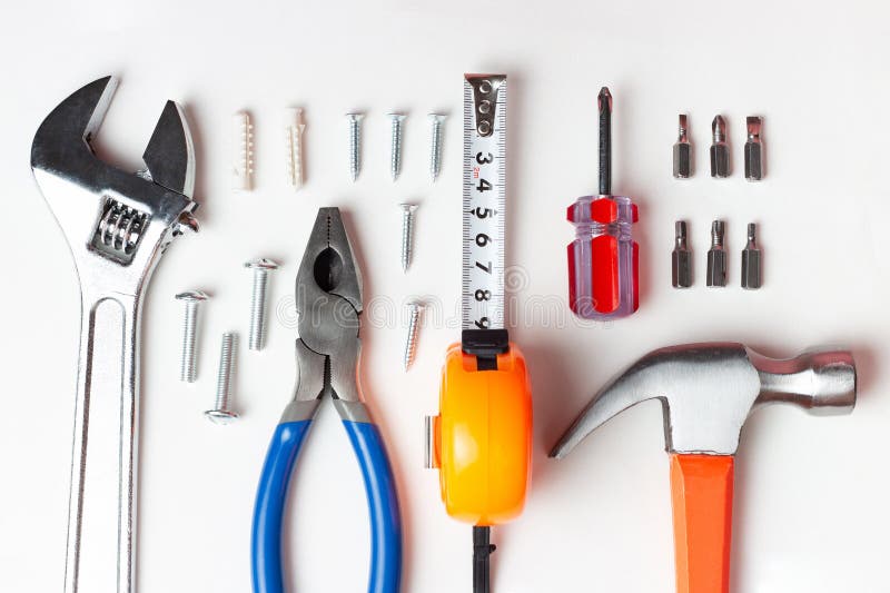Flat Lay from Construction Tools on White Background Top View. Stock ...