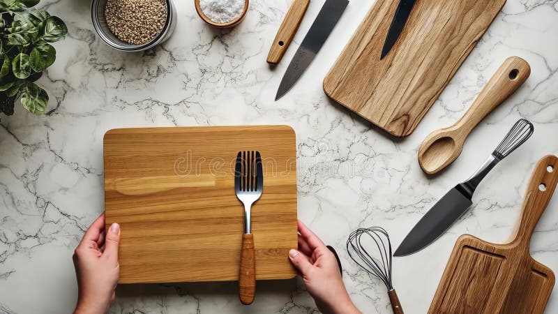 A Flat Lay of Cooking Tools, Including Knives, Spatulas, and Measuring ...