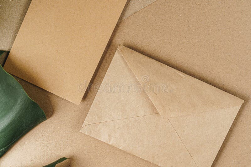 Flat Lay Craft Paper Card Mockup with Leaves Stock Photo - Image of ...