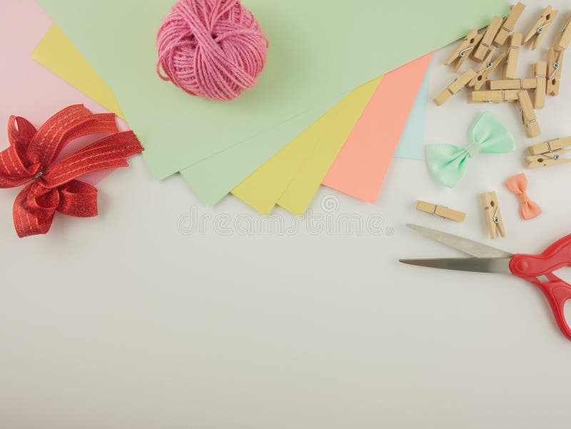 Flat Lay Craft Tools on White Desk with Copy Space Stock Image - Image ...