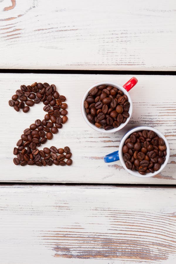 Flat Lay Cups with Coffee Beans and Number Two. Stock Image - Image of ...