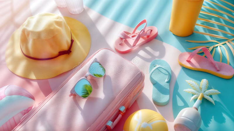 Flat Lay 3d Style Travel Essentials for Summer in Pastel Colors Stock ...