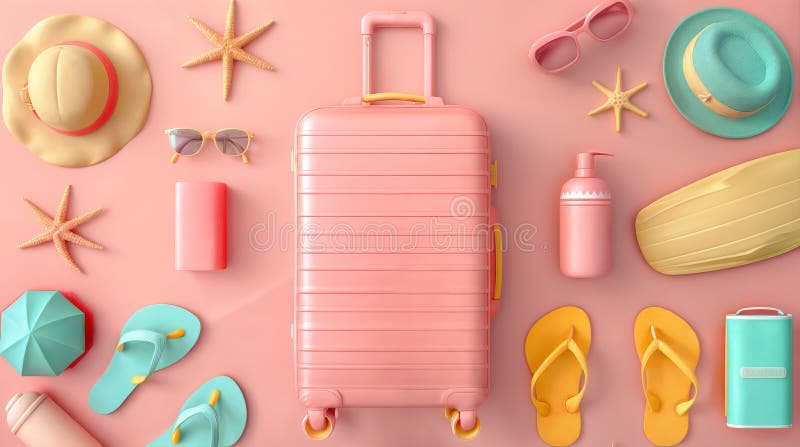 Flat Lay 3d Style Travel Essentials for Summer in Pastel Colors Stock ...