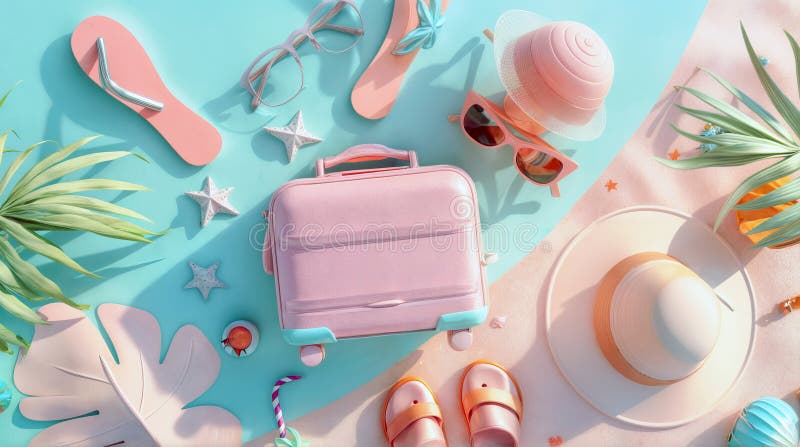 Flat Lay 3d Style Travel Essentials for Summer in Pastel Colors Stock ...