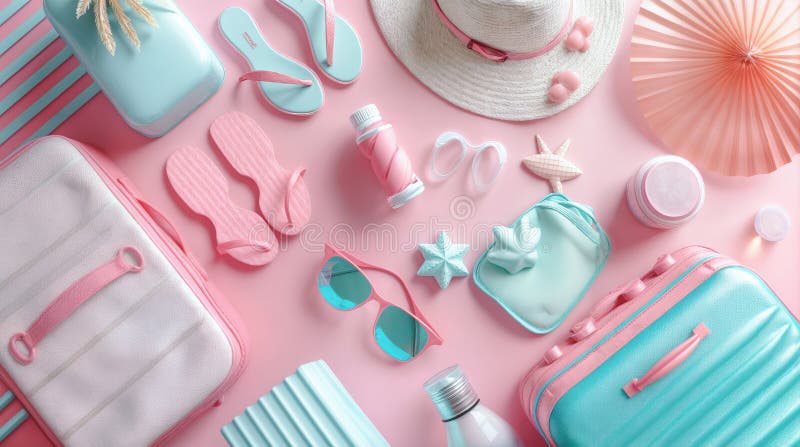 Flat Lay 3d Style Travel Essentials for Summer in Pastel Colors Stock ...