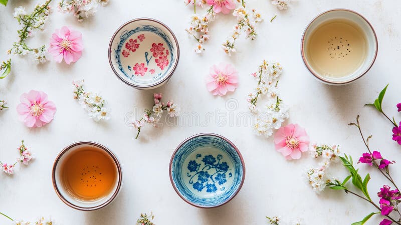 Flat Lay of Delicate Floral-patterned Ceramic Teacups, Traditional Tea ...