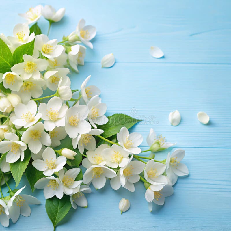 Jasmine Flowers on Light Blue Background with Space for Text Stock ...