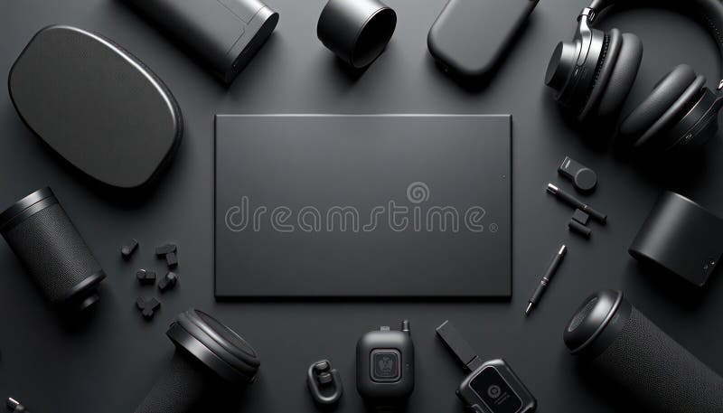 Flat Lay Design of Modern Black Tech Accessories. Various Tech Devices ...