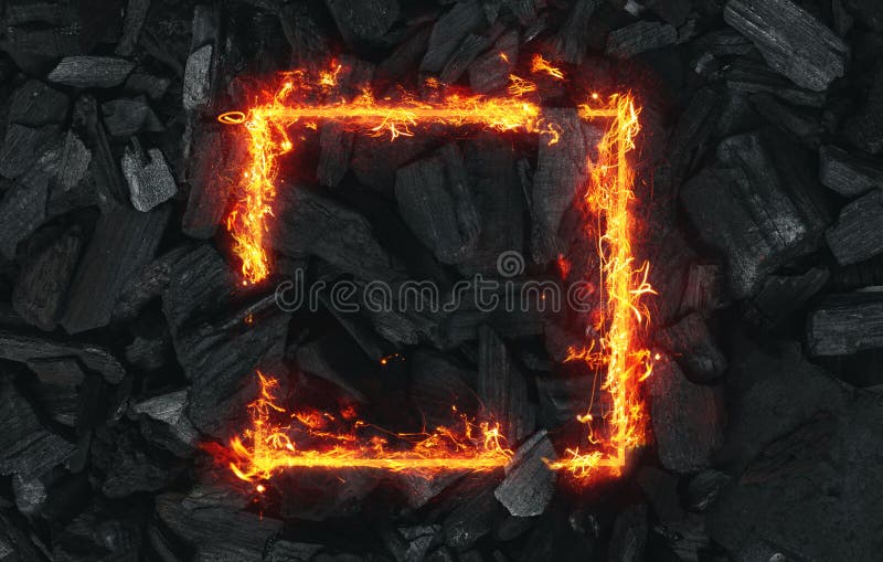 Flat Lay Design of Square Frame in Fire Over Black Charcoal Pieces ...