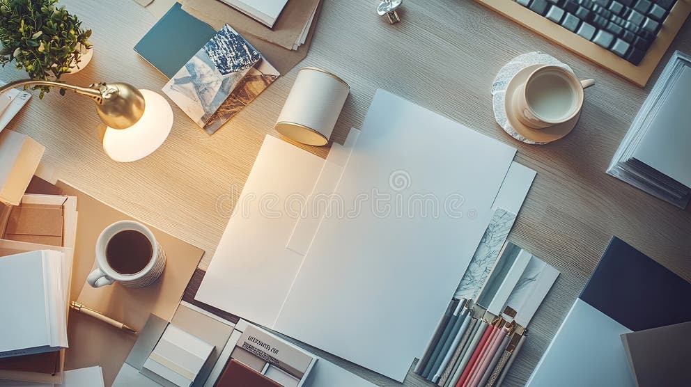 A Flat Lay of Designer Lighting Catalogs, Sample Materials, and a ...