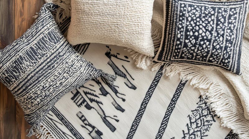 A Flat Lay of Designer Pillows and Matching Rugs Styled with a Soft ...