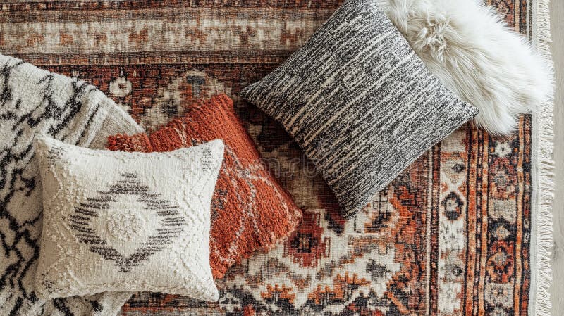 A Flat Lay of Designer Pillows and Matching Rugs Styled with a Soft ...