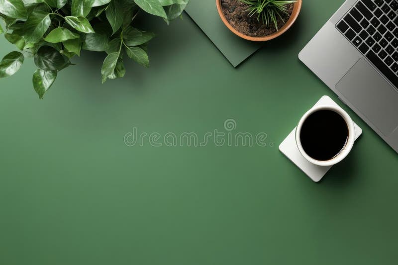 Flat Lay, Desk with Plant, Laptop, Coffee. Minimalist Workspace Concept ...