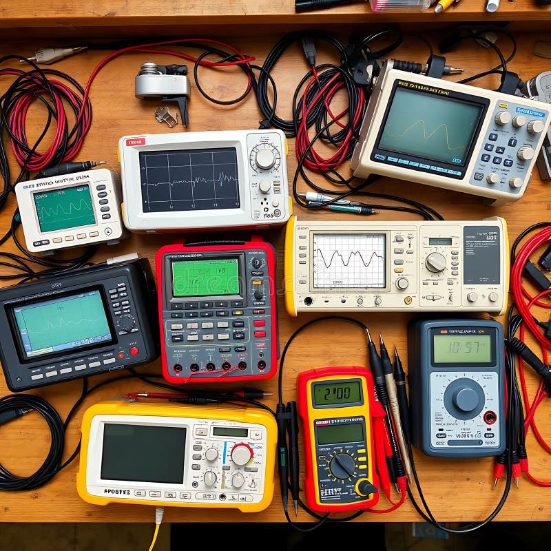 A Flat Lay of Different Testing Equipment Such As Oscilloscopes ...
