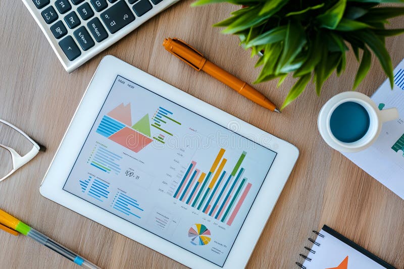 Flat Lay of Digital Marketing Tools, Tablet and Graphs, Clean Space for ...