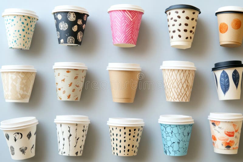 Flat Lay Display of Diverse Coffee Cups Showcasing Unique Designs and ...