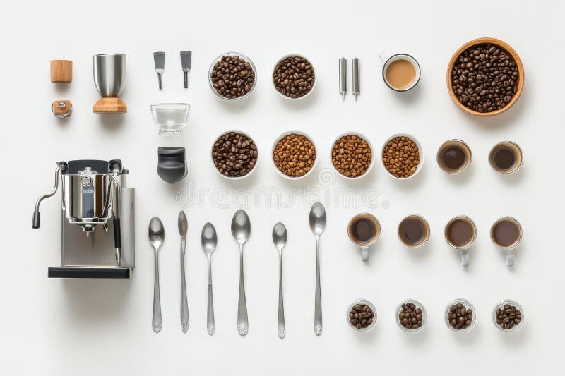 Flat Lay Displays Coffee Beans in Various Containers, Cups Filled with ...