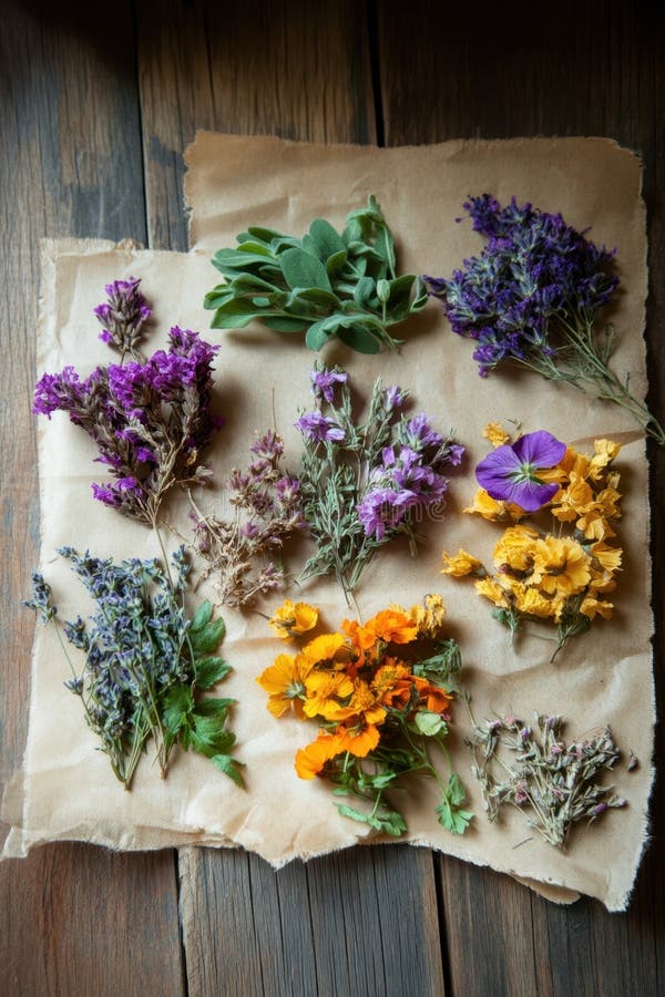 Flat Lay of Dried Flowers on Rustic Paper for Vintage Decor Inspiration ...