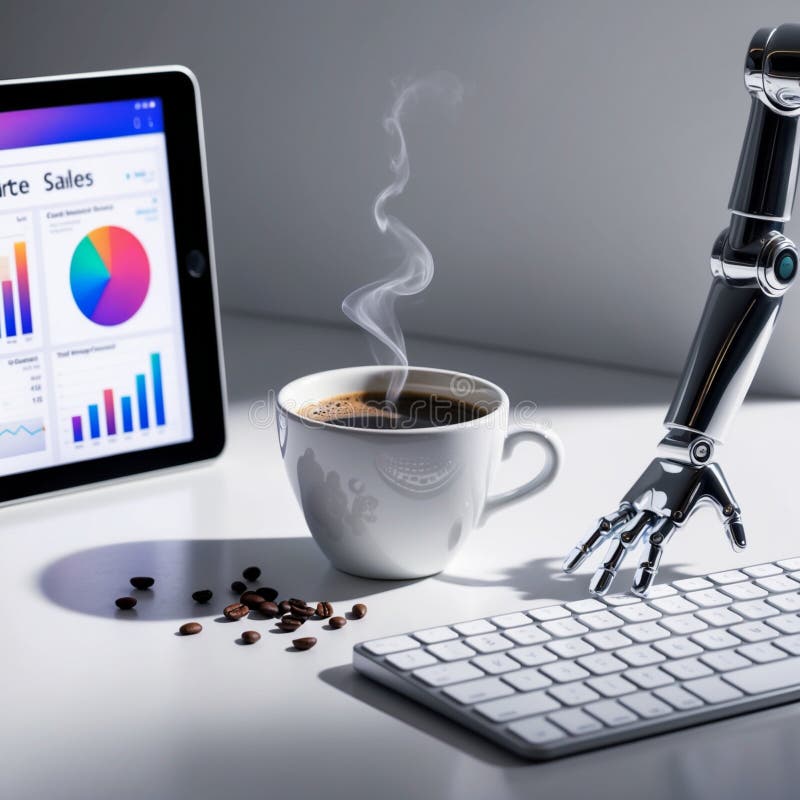 Flat Lay of E-commerce Data with Robotic Arm Typing Stock Illustration ...