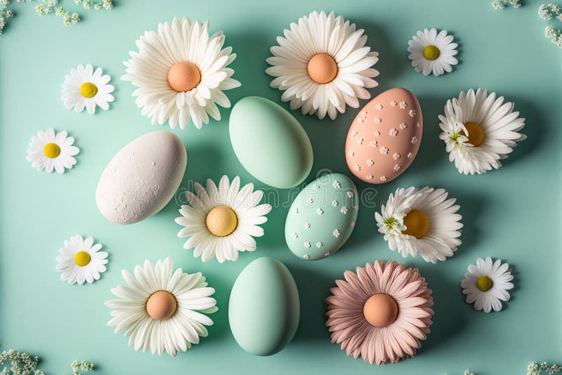 Flat Lay Easter Theme with Easter Eggs and Daisies. Stock Illustration ...