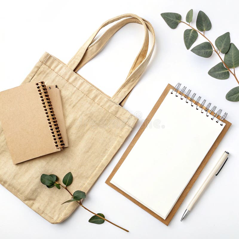 Flat Lay Eco-friendly Bag with Notepad Mockup Isolated on White ...