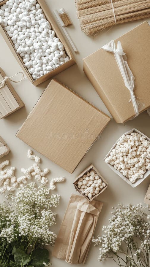 Flat Lay of Eco-friendly Packaging Materials, Including Cardboard Boxes ...