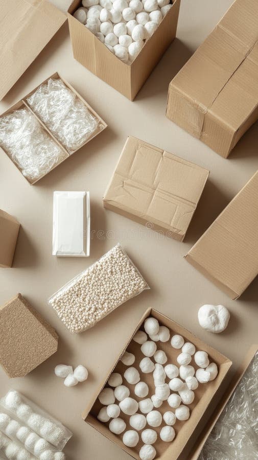 Flat Lay of Eco-friendly Packaging Materials, Including Cardboard Boxes ...