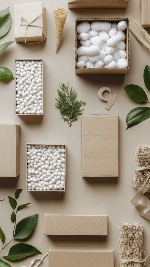 Flat Lay of Eco-friendly Packaging Materials, Including Cardboard Boxes ...