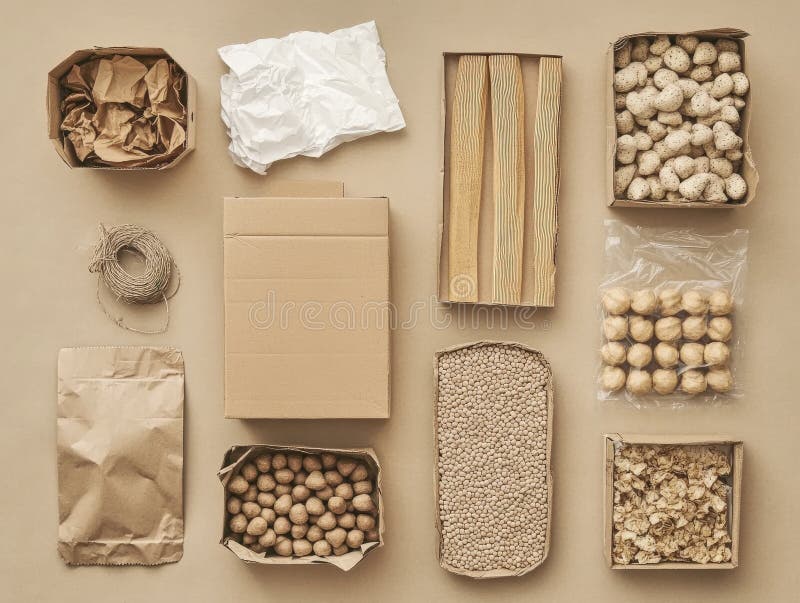 Flat Lay of Eco-friendly Packaging Materials, Including Cardboard Boxes ...