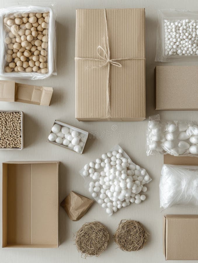 Flat Lay of Eco-friendly Packaging Materials, Including Cardboard Boxes ...