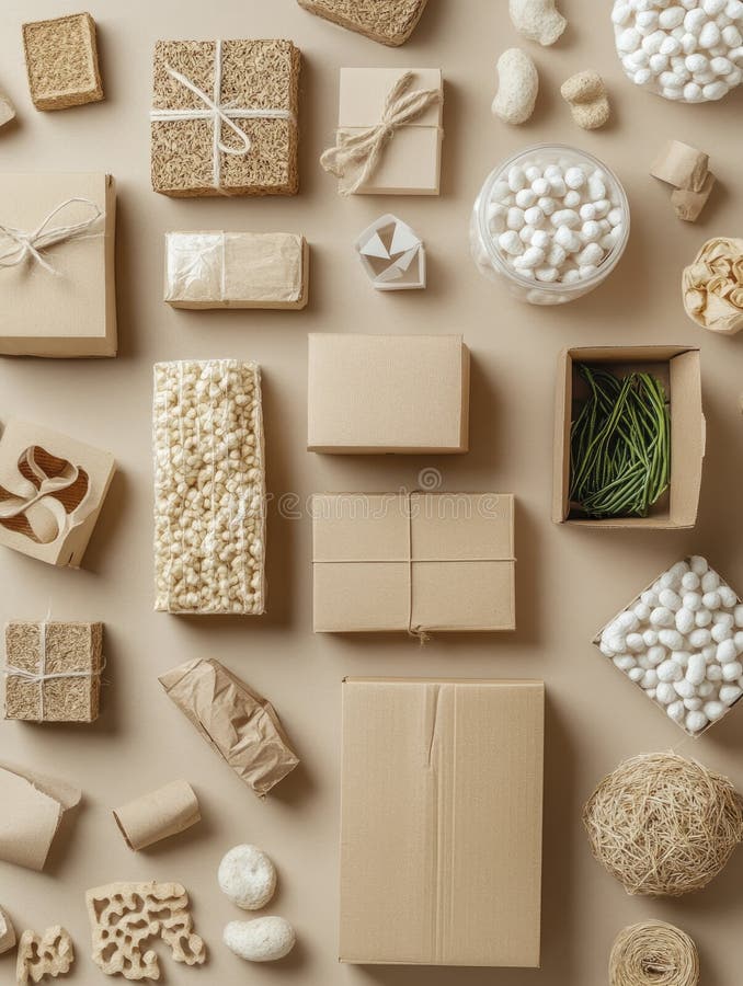 Flat Lay of Eco-friendly Packaging Materials, Including Cardboard Boxes ...