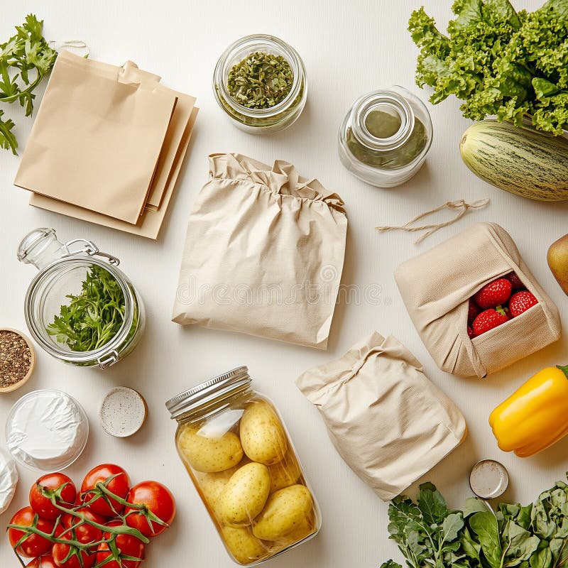 Flat Lay of Eco-Friendly Packaging and Organic Produce, Generative Ai ...