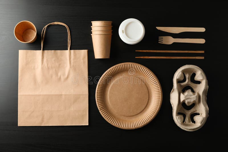 Flat Lay with Eco - Friendly Tableware on Black Background Stock Photo ...