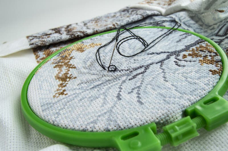 Flat Lay Embroidery Hoop with Canvas and Bright Sewing Thread and ...