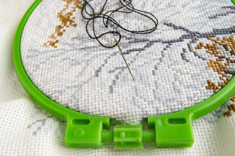 Flat Lay Embroidery Hoop with Canvas and Bright Sewing Thread and ...