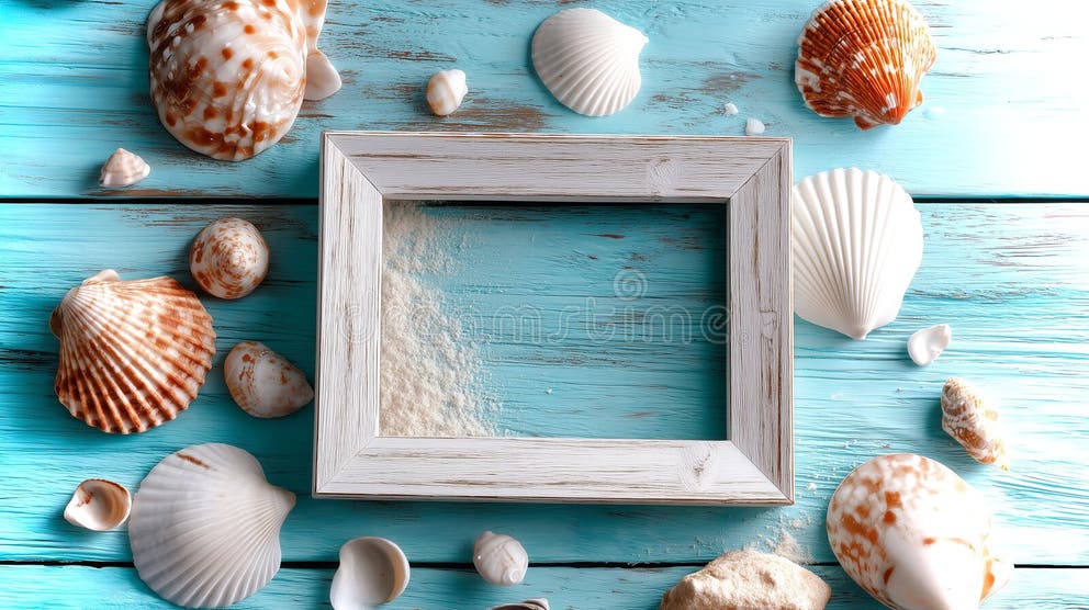 Flat Lay of an Empty Picture Frame with Sand and Seashells on a Beach ...