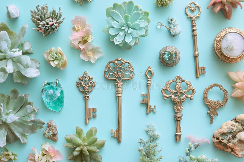A Flat Lay of Enchanted Keys and Small Trinkets Arranged on a Soft ...
