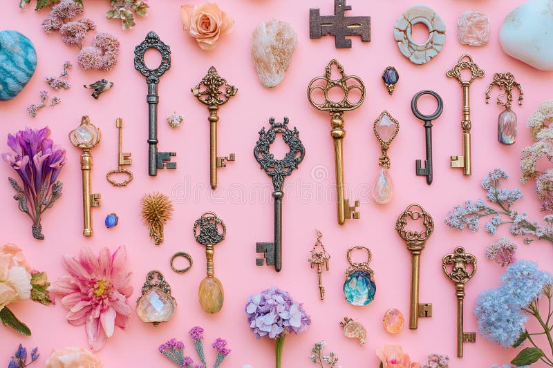 A Flat Lay of Enchanted Keys and Small Trinkets Arranged on a Soft ...