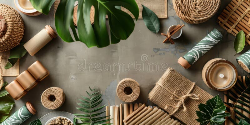 Flat Lay of Natural Packaging Materials Stock Image - Image of monstera ...