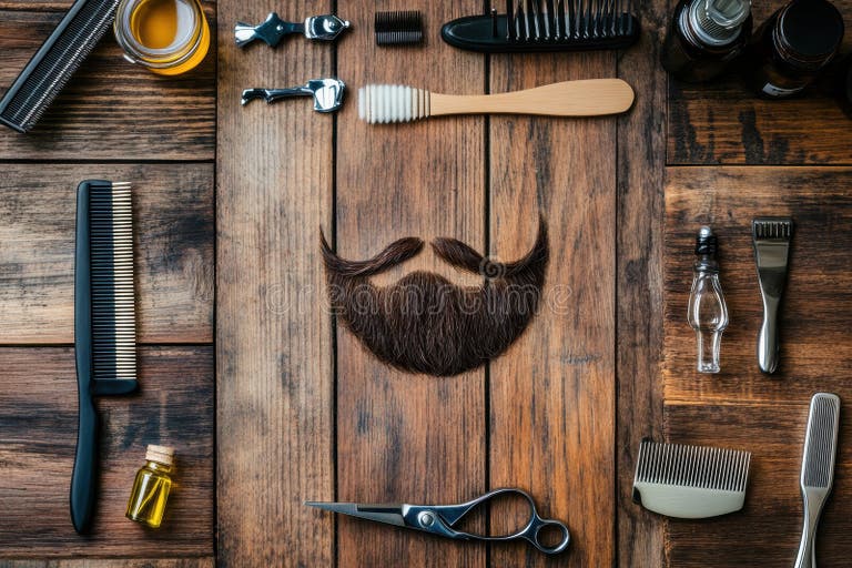 Flat Lay of Essential Beard Grooming Tools on Rustic Wooden Surface ...