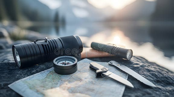 Camping Gear Flat Lay with Compass and Tools Stock Illustration - Illustration of mountains ...