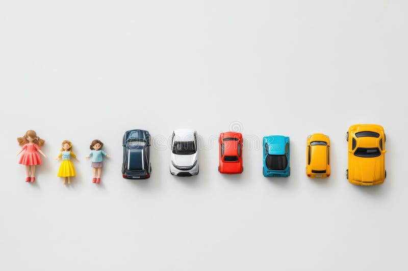 A Flat Lay Features Vibrant Toy Cars and Dolls Arranged on a White ...