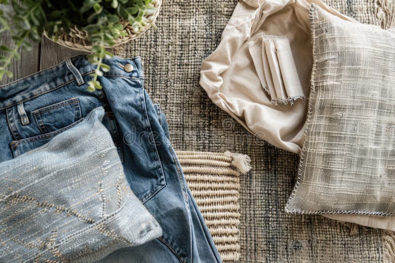 A Flat Lay Featuring a Variety of Woven Textiles, Including a Denim ...