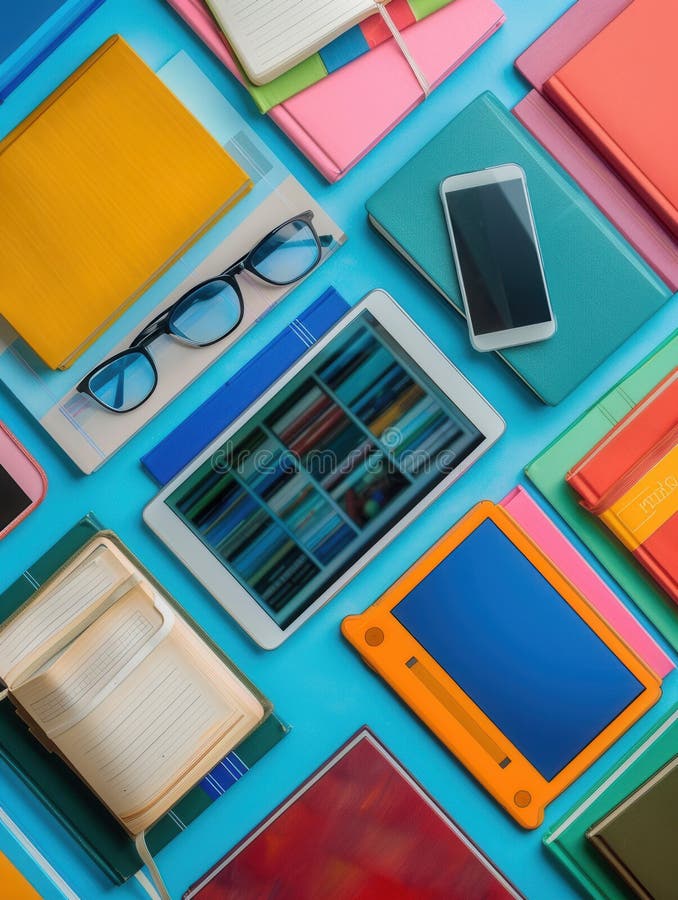 A Flat Lay Featuring Various Tablets, E-readers, and Books Showcasing ...